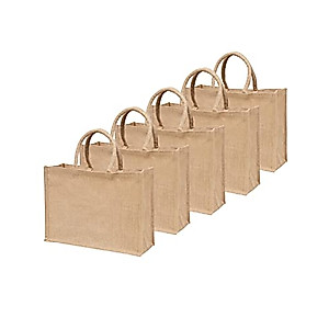 Jute Burlap Tote Bags with Handle | Natural Eco-friendly Reusable Grocery Bag | Totes for bridesmaids | By Yogi's Gift® (Pack of 5)