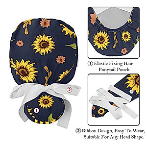Mersov Sunflower Pattern Scrub Hats for Women Long Hair, Working Cap with Button & Sweatband, Unisex Tie Back Hats 2 Packs, Medium-3X-Large