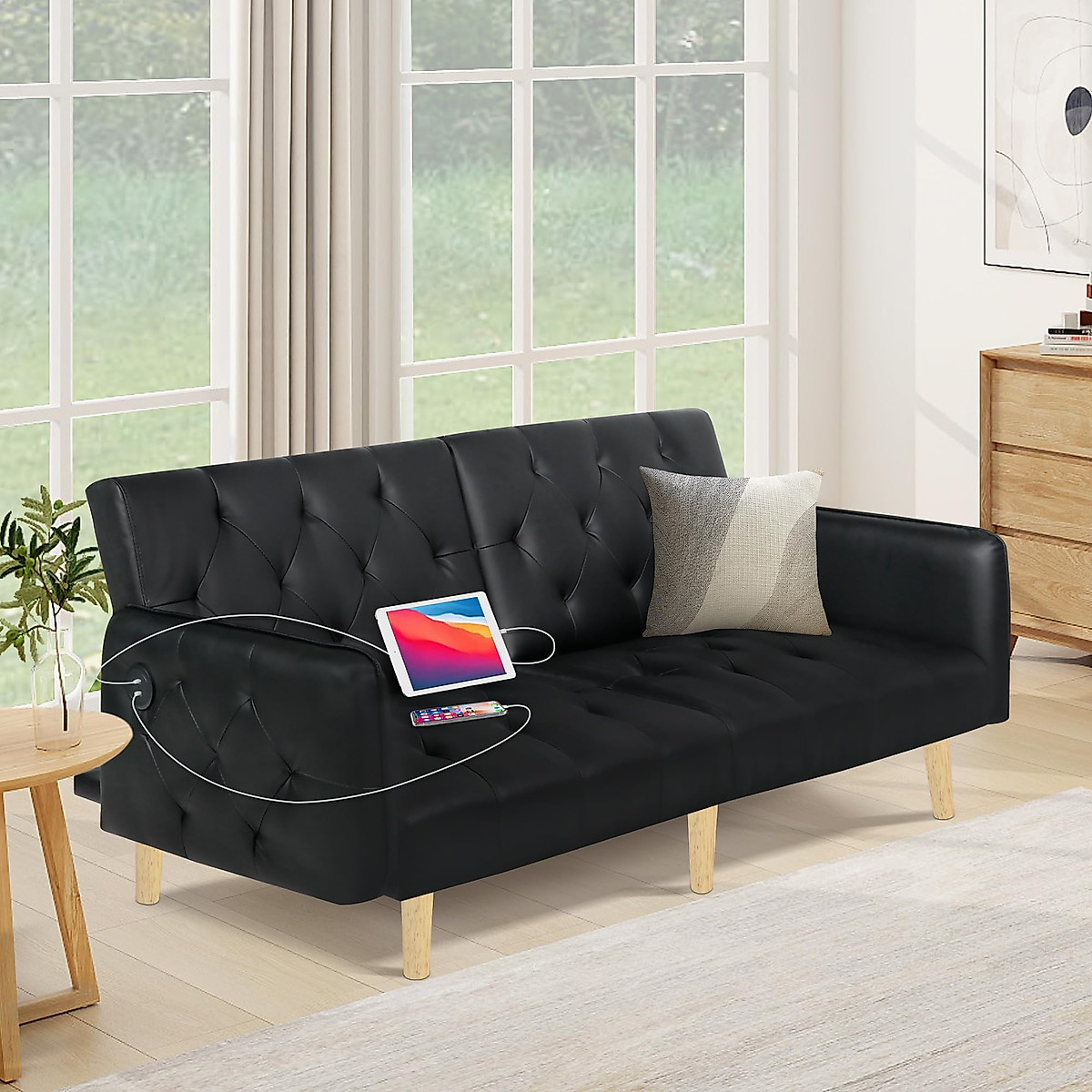 TYBOATLE 65“ Sofa Bed w/ 2 USB,Convertible Futon Tufted Small Adjustable Folding Couch Loveseat, Modern Mid Century Faux Leather Sleeper Sofa for Living Room,Bedroom,Apartment,Office (Black) (Black)