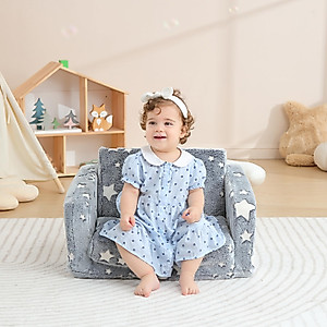 Kisdsa Kids Couch Fold Out,Foldable Toddler Couch with Blanket,Kids Sofa for Girls Boys,Flip Out Toddler Chair,Kids Chair Convertible Sofa to Lounger for Children Age 1-3(Glow Star)