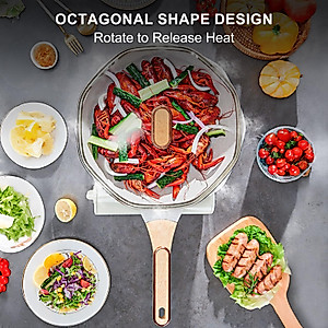 FNT Non Stick Deep Frying Pans with Lid, Octagonal Wok Pan 11 inch, Granite Saute Pan for Cooking, Skillet Induction Cookware with Heat-Resistant Handle