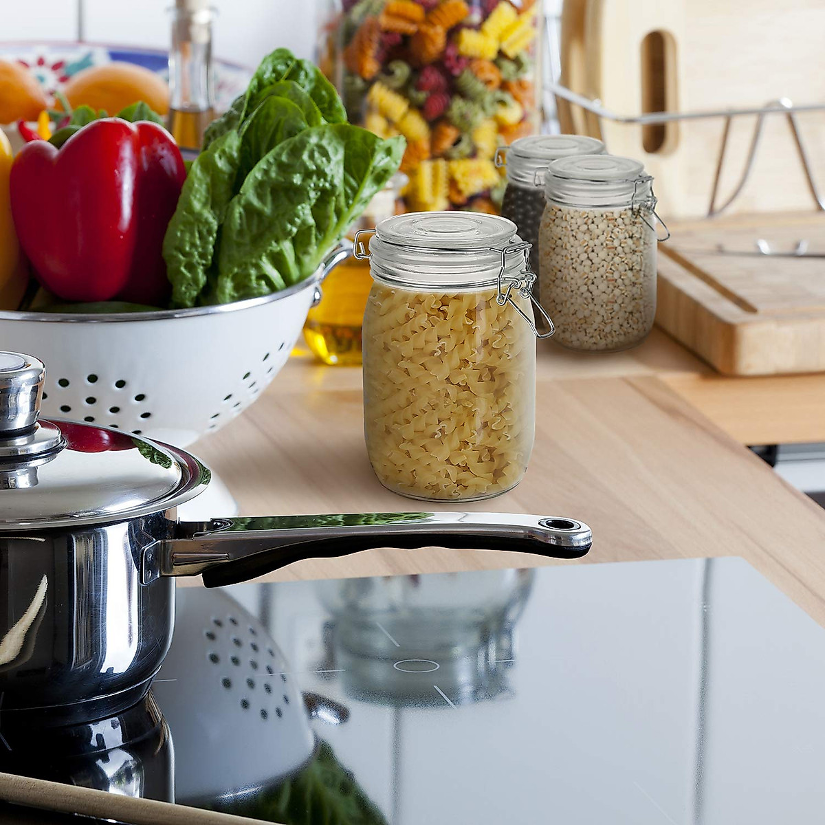 OAMCEG 4 Pack Wide Mouth Mason Jars - 34 OZ Airtight Glass Canning Jars with Leak Proof Rubber Gasket and Clip Top Lids, Perfect for Storing Coffee, Sugar, Flour or Sweets
