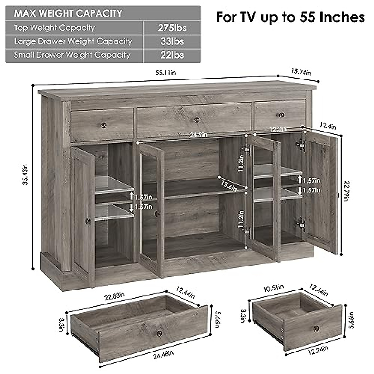 HOSTACK Sideboard Buffet Cabinet with Storage, 55" Large Kitchen Buffet Storage Cabinet with Drawers | Glass Doors, Modern Farmhouse Coffee Bar Cabinet, Wood Buffet Table Dining Room Cabinet, Ash Grey