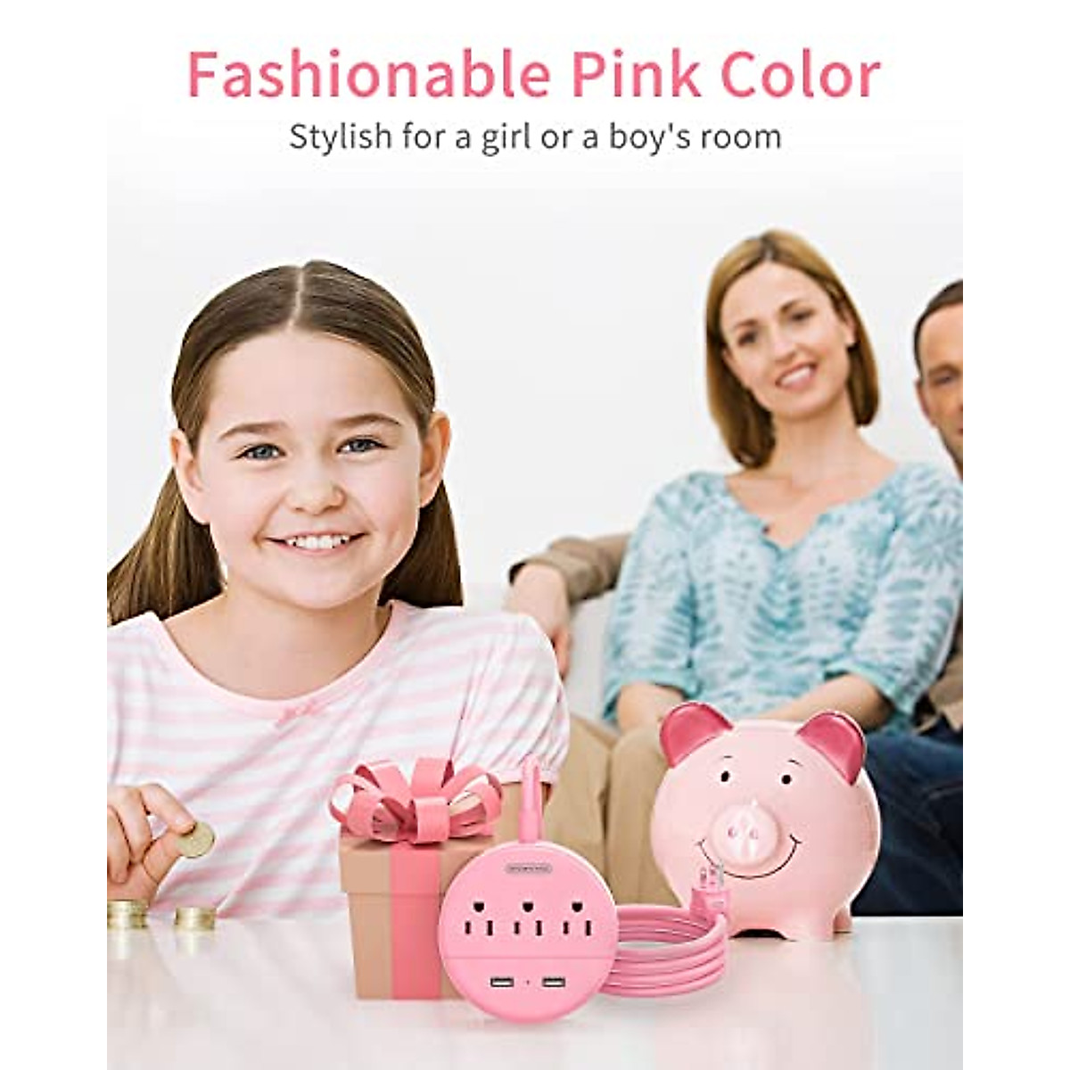 Rose Pink Power Strip with USB, NTONPOWER Flat Plug Extension Cord Nightst&Desktop Charging Station with 3 Outlet &2 USB, Wall Mount, Small Size for Dorm Room Home Office Travel, ,'5 FT Cord