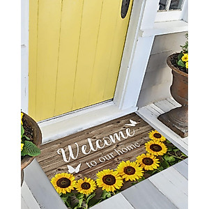 Front Door Mat Indoor Outdoor Entrance, Welcome Sunflower on a Wooden Board Non-Slip Doormat Fade Resistant, Low Profile, Easy Clean Patio Porch Entryway Mat 36x24 inches