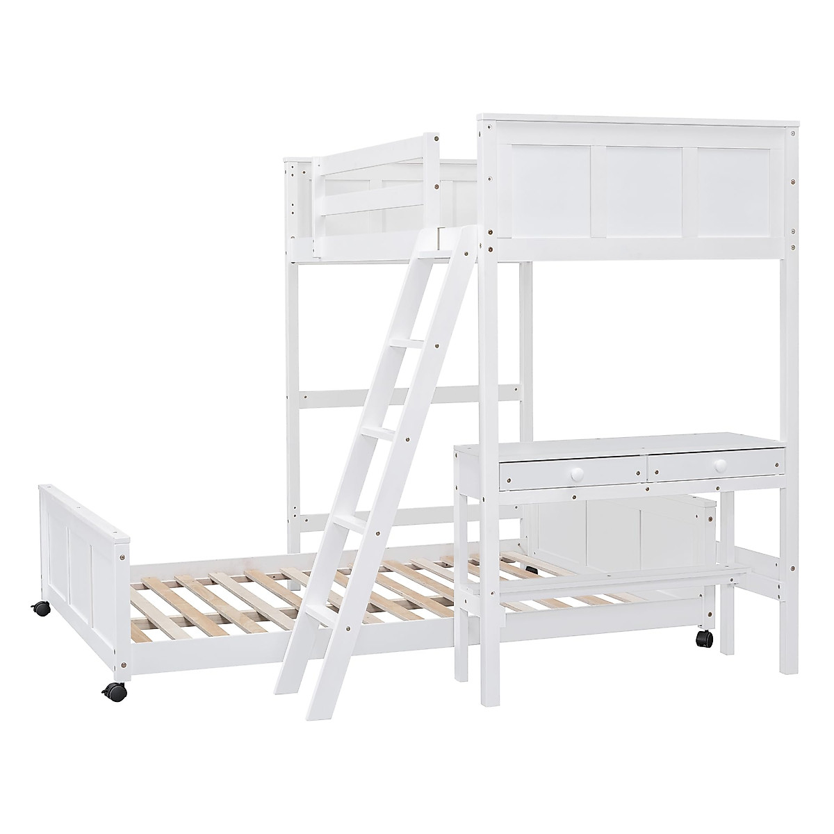 Harper & Bright Designs Twin Over Full Bunk Beds with Desk and Drawers, Wood Twin Size Loft Bed with Removable Full Platform Bed Frame, Bunk Bed with Ladder for Kids Girls Boys, White