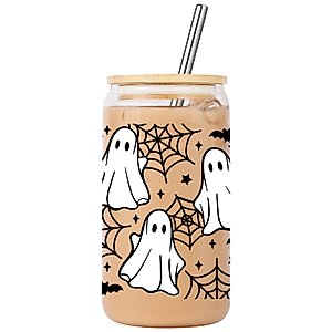 Lovearth 16oz Halloween Ghost Glass Tumbler, Spider Web Halloween Glass Cup with Lid and Straw, Cute Halloween Bats Cup, Spooky Gifts, Boo Basket Stuffers for Women, Gifts for Halloween Lovers