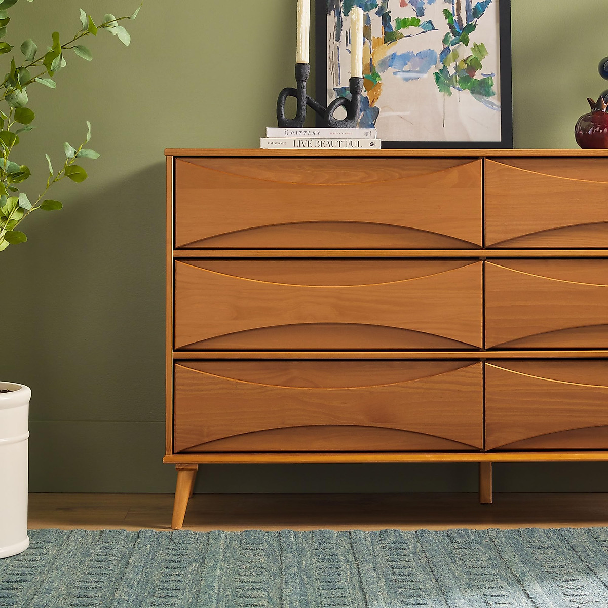 Walker Edison Lowry Mid-Century Modern Detailed-Drawer Solid Wood Dresser, 59 Inch, Caramel