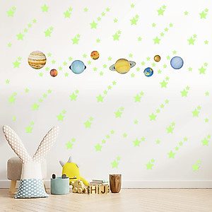 Glow in The Dark Stars and Planet Solar System Walls 109 Fluorescent Stars Stickers Decorative Kid's Bedroom Ceiling Christmas Birthday Gift for Girls and Boys