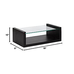 Kate and Laurel Holt Modern Floating Shelf, 18 x 10, Black, Floating Wood Shelf with Tempered Glass Top for Storage and Display
