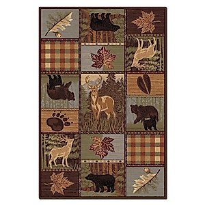 KFHWDG Country Style Rug, 3x4ft, Rustic Cabin Wildlife Washable Area Rugs, Elk Bear Lattice Modern Geometric Design Soft Floor Rug Non-Skid Carpets for Living Room Bedroom Home Decor