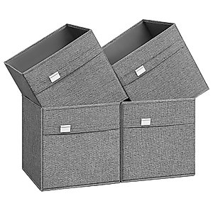 SONGMICS Storage Cubes, Set of 4 Cube Storage Bins, 13 x 13 x 13 Inches, 2 Handles, Oxford Fabric and Linen-Look Fabric, Easy to Clean, Foldable, Metal Label Holders, Dove Gray UROB233G04