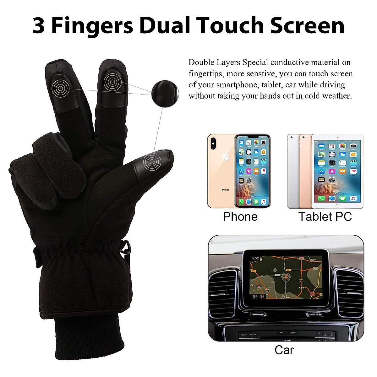 Koxly Winter Gloves Waterproof Windproof 3M Insulated Gloves 3 Fingers Dual-Layer Touchscreen Gloves for Men and Women