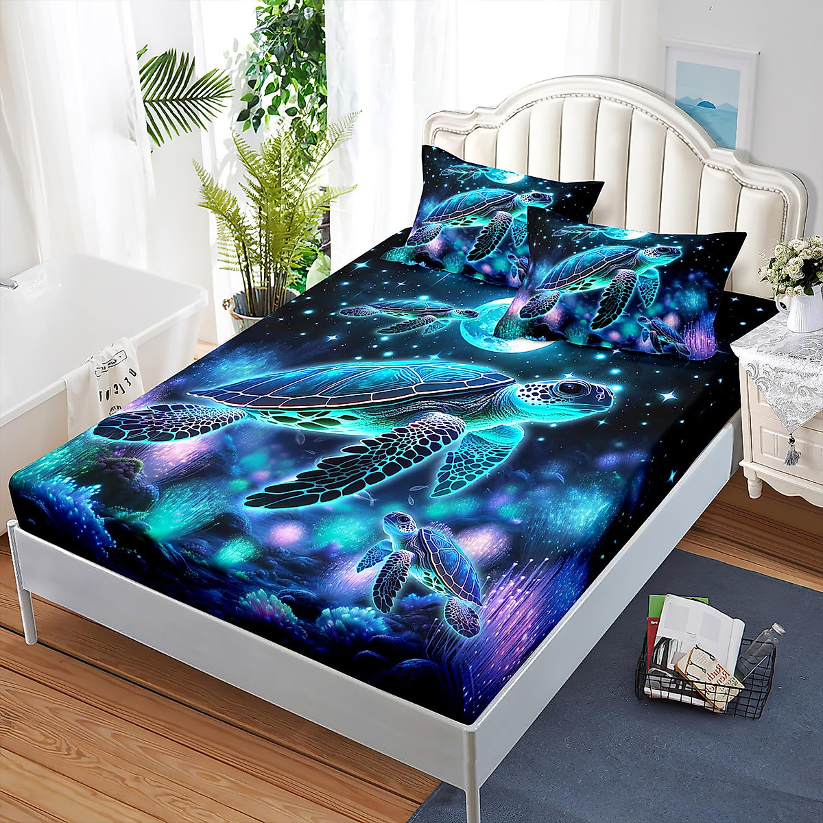 AILONEN Sea Turtle Fitted Sheet Set Twin XL Size, Ocean Bed Sheet Set Coral Jellyfish 3 Pieces Printed Sheet Set for Boys Girls,Evening Starry Moon Turtle Fitted Sheet with 2 Pillowcases