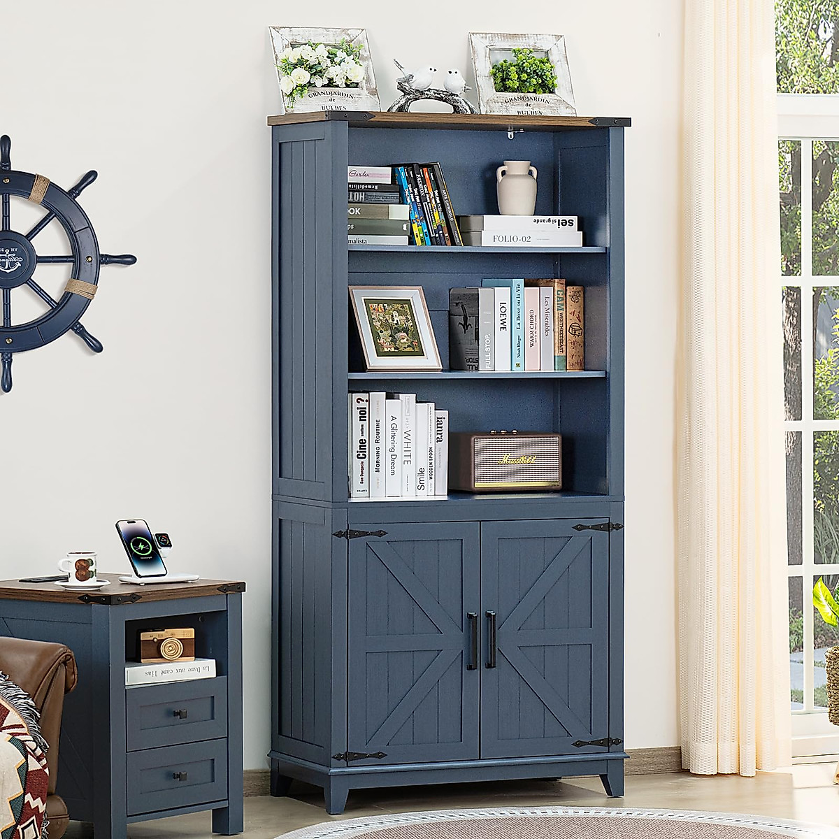 Joaxswe 70in Tall Bookshelf 5 Tier Bookcase with Barn Doors and Adjustable Shelves, Blue Farmhouse Book Shelf with Storage Cabinet, Wood Freestanding Display Bookshelves for Bedroom, Living Room