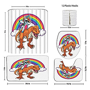 4 Pcs Set Shower Curtain for Bathroom Funny Unicorn Riding Dinosaur and Rainbow Boys Fabric Shower Curtains Fantasy Galaxy Space Cute Cool Dino Raptor Toilet Lid Cover and Bath Mat Bathroom Decor