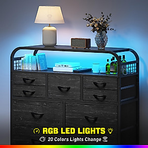 EnHomee Black Dresser with LED Lights & Charging Station, Dresser for Bedroom with 2 Tier Shelves & 4 Hooks, 11 Drawers Dresser, Closet, Living Room, Entryway,Sturdy Frame,Wooden Top