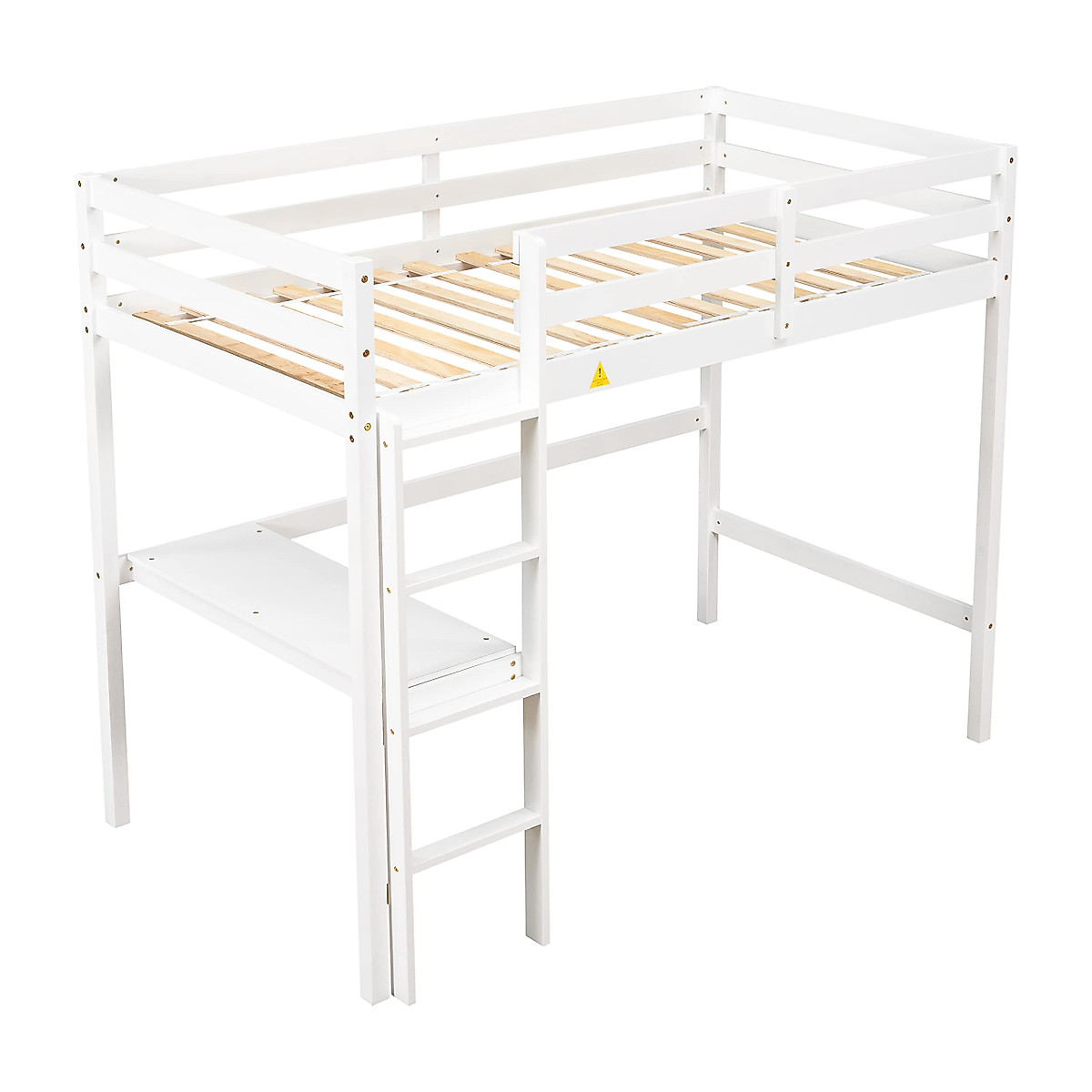 LiviNest Twin Loft Bed Frame - Wood Pine Bed Frames with Ladder Safety Rail and Desk - Loft Size Bed with Table for Kids Boys Girls White