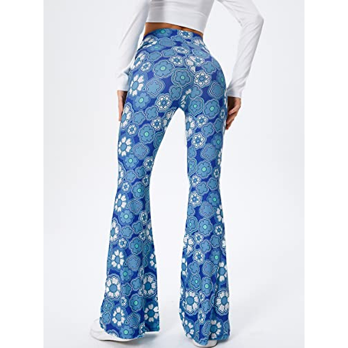 WDIRARA Women's Elastic High Waist Allover Print Floral Bell Bottom Flare Leg Long Pants Blue and White S