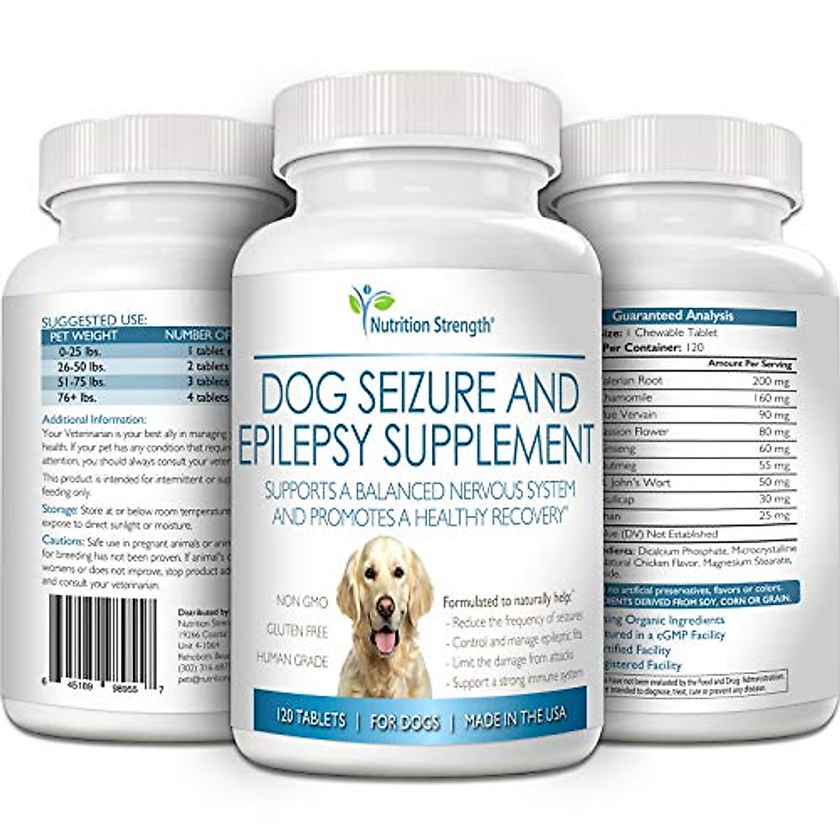 Nutrition Strength Dog Seizure Support, Supplement for Epilepsy in Dogs, with Organic Valerian Root, Chamomile and Blue Vervain, Plus L-Tryptophan Dog Stress and Anxiety Aid, 120 Chewable Tablets