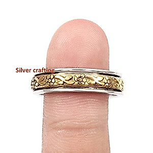 Flower band Spinning Spinner ring Sterling Silver Fashion ring Meditation Fidget Two Tone ring Silver Jewelry (9.5)