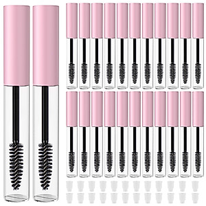 RONRONS 24 Pieces 10ml Mini Mascara Tube Empty Castor Oil Container with Pink Cap Eyelash Wand Brush and Rubber Inserts for Home and Travel DIY Makeup Artist