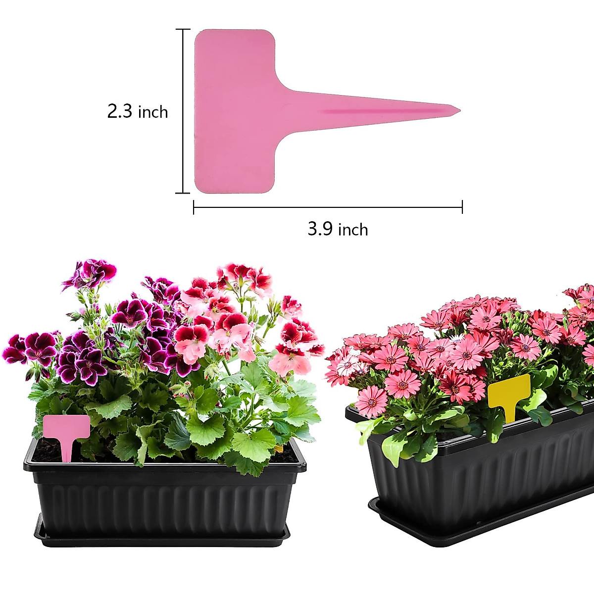 Fasmov 7 Pack 17 Inches Flower Window Box Plastic Vegetable Planters with Trays Vegetables Growing Container Garden Flower Plant Pot with 7 Pcs Plant Labels for Balcony, Patio, Garden, Black