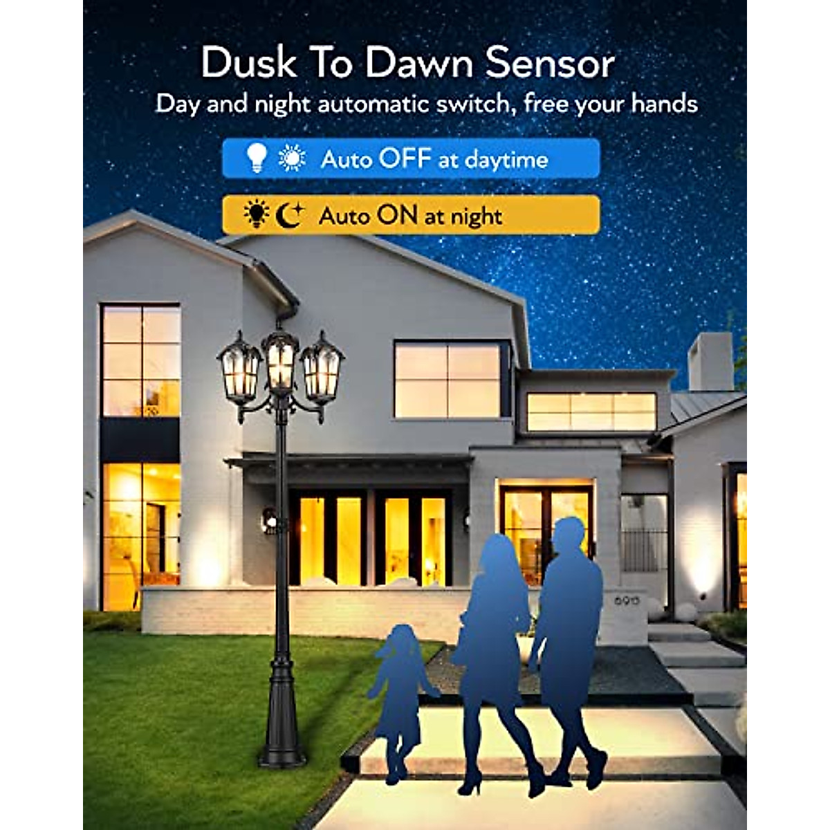 VIANIS 3-Head Outdoor Lamp Post Light Fixture, Black Outdoor Light Dusk Dawn Sensor for Lamp Post, Waterproof Anti-Rust Aluminum Housing with Tempered Glass, Street Light for Garden, Patio, Driveway