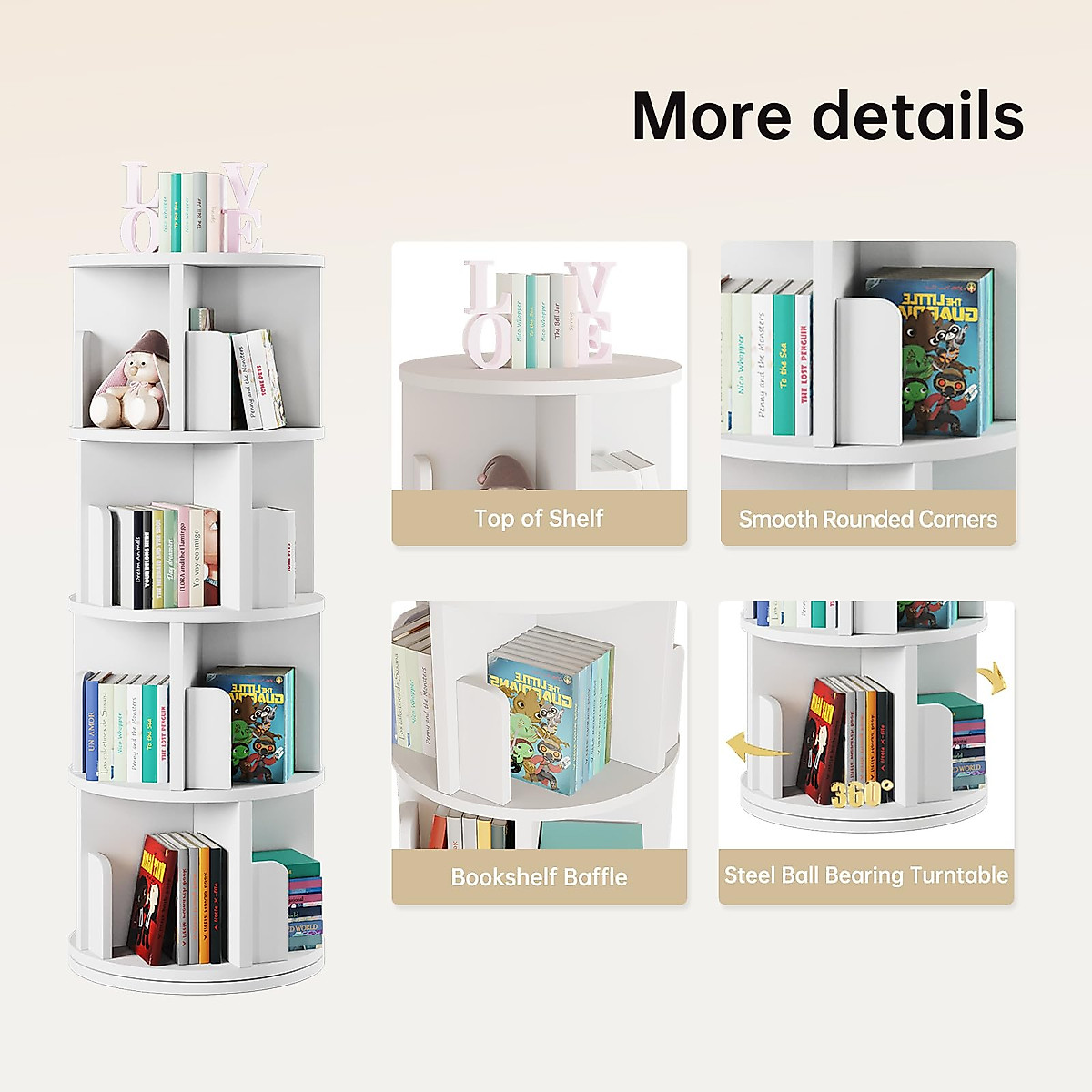 oneinmil Rotating Bookshelf, 360° Rotating Bookcase for Small Space, Corner Bookcase for Bedroom, Living Room, Study Room, 4 Tier, White