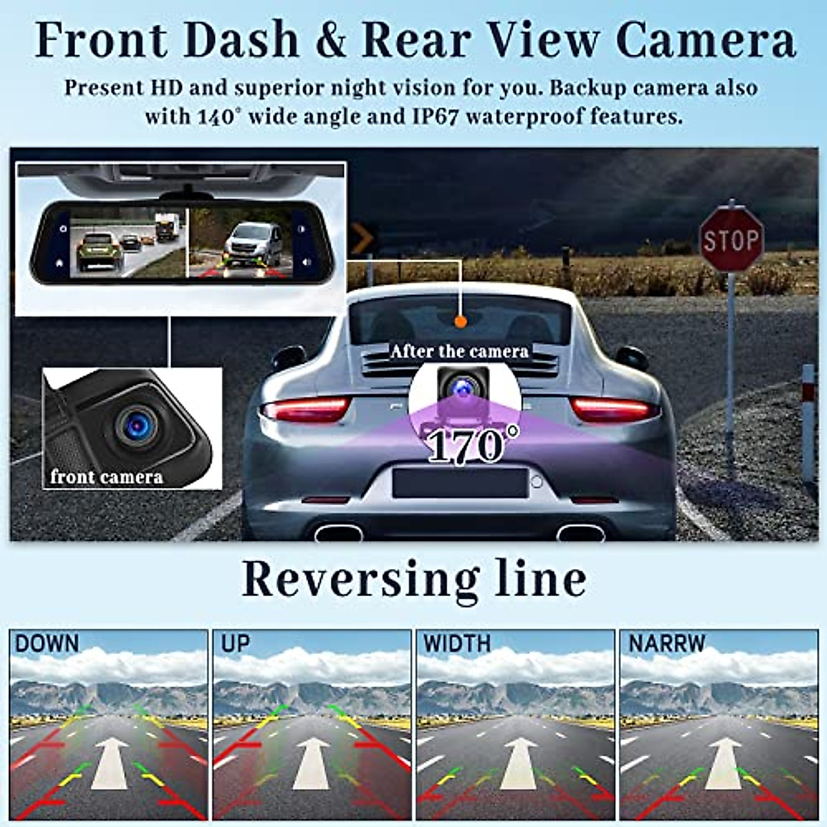 9.66" Mirror Dash Cam Front and Rear with Wireless CarPlay Android Auto Rear View Mirror Camera for Cars & Trucks, Enhanced Night Vision, IPS Touch Screen, Voice Control, Dual Cameras+32G Card, 7V-36V
