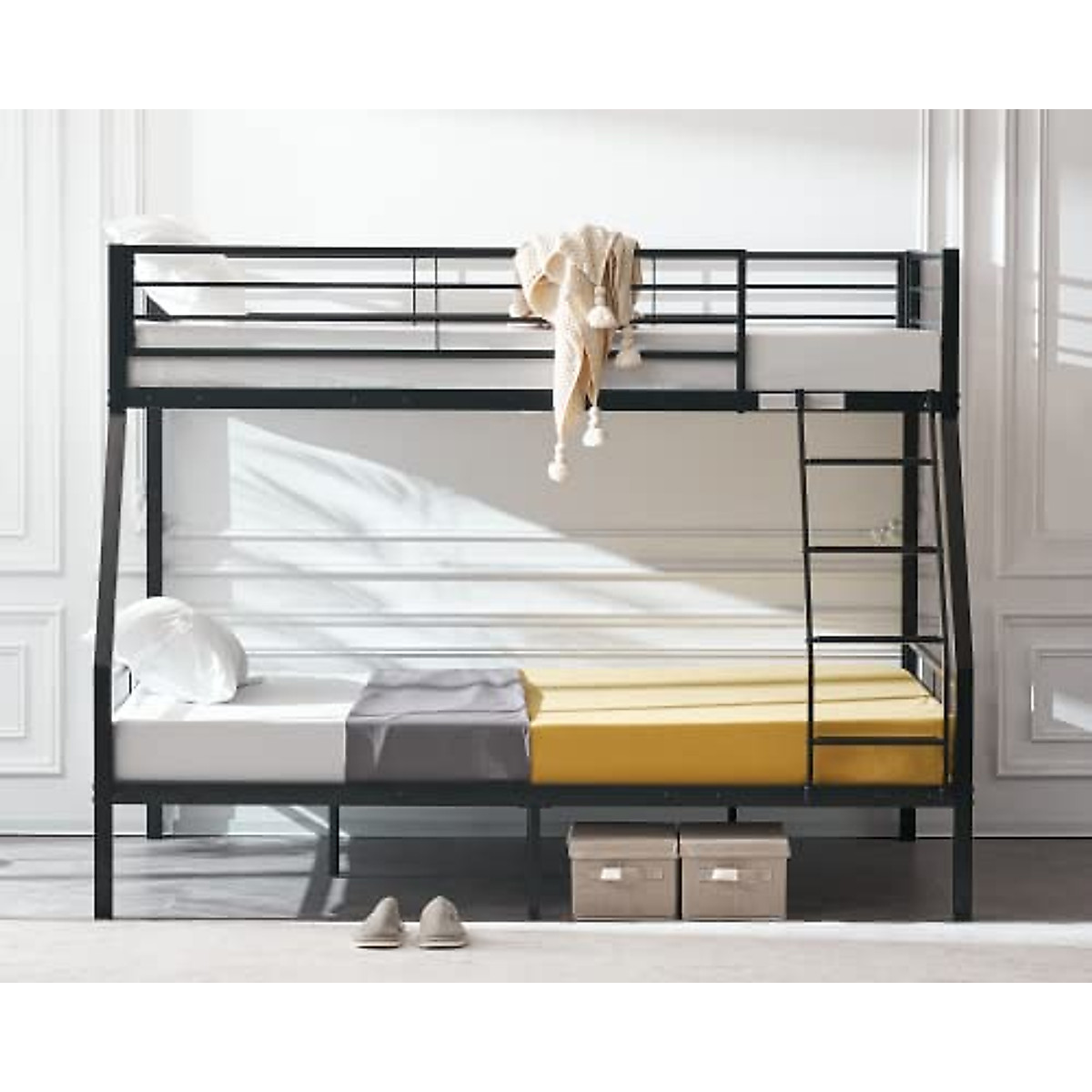 VINGLI Metal Bunk Bed Twin Over Full, Flat Steps, Black