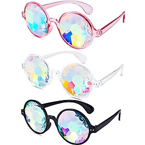 Frienda 3 Pairs Kaleidoscope Rave Glasses Festivals Goggle Rainbow Sunglass Kaleidoscope Sunglass Prism Refraction Glasses(Black, Clear, Pink)