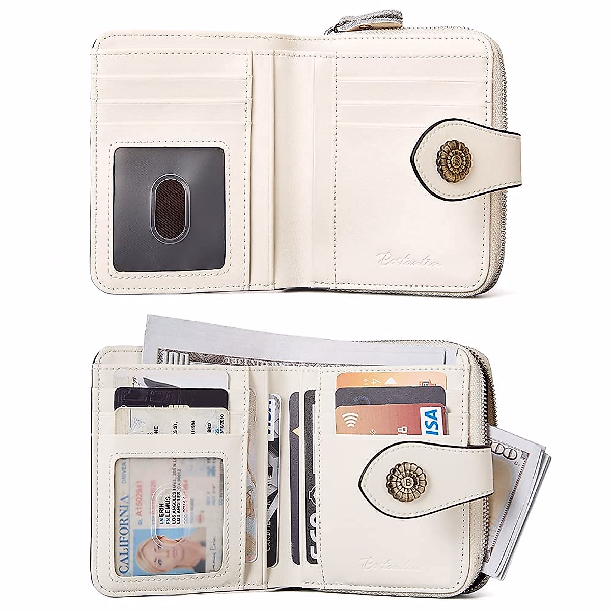 BOSTANTEN Leather Laptop Backpack Purse Casual College Casual Bags Daypack Beige-White and Leather Wallets for Women RFID Blocking Zipper Pocket Small Bifold Wallet Card Case White