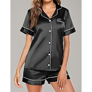 Ekouaer Satin Pajamas for Women Button Down Sleepwear Soft Silk Loungewear Short Sleeve Top and Shorts Pjs Black,Small
