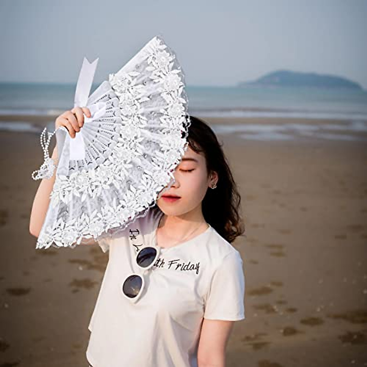 FOMIYES Lace Peal Fan Folding Hand Fans Wedding Bride Fan Dance Fan Decorative for Performance Wedding Dancing Church Party