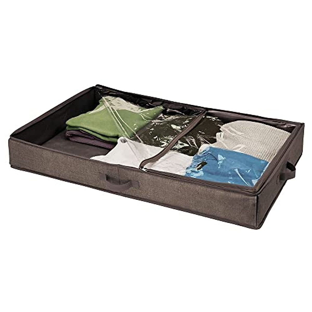 mDesign Soft Fabric Under Bed Storage Organizer Holder Bag for Clothing, Accessories, Linen - Easy-View Top Panel, Attached 2-Way Zippered Lid, Side Handles - Espresso Brown