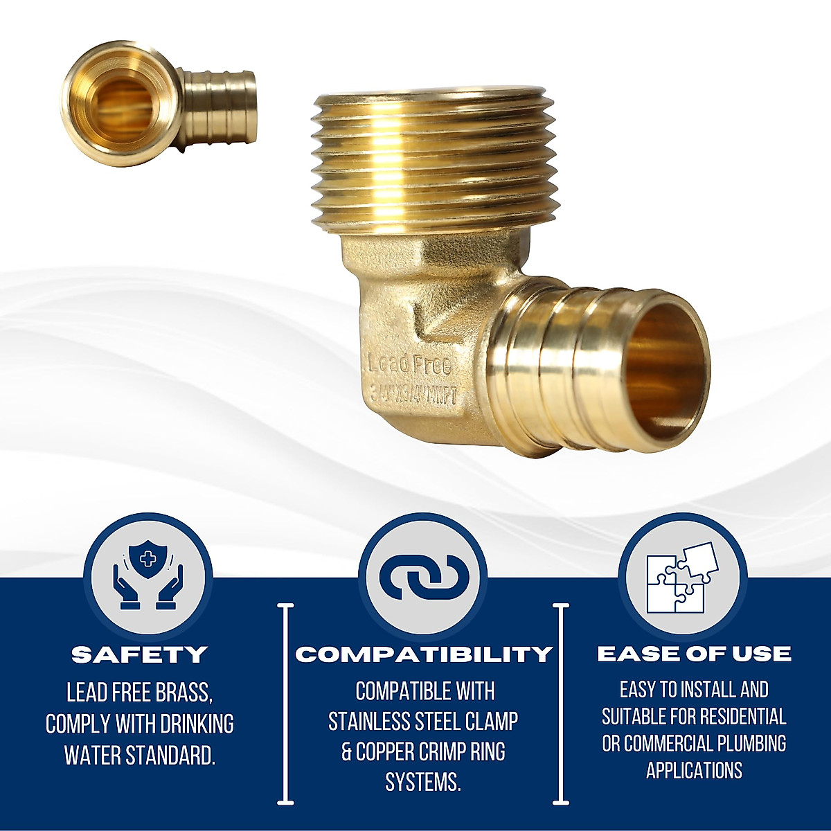 5 PIECES XFITTING 3/4" PEX X 3/4" MALE NPT THREADED ELBOW 90 DEGREE BRASS BARBED CRIMP FITTING - BRASS, FULL PORT