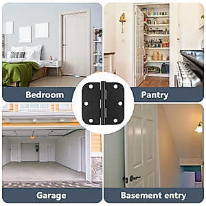 24 Pack Rounded Matte Black Door Hinges 3.5 x 3.5 inch with 5/8 Radius, Black 3 1/2 Interior Door Hinges, 3 ½"x 3 ½" Hardware