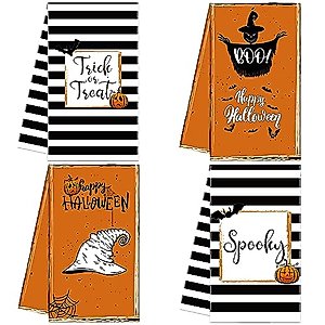 4 PCS Halloween Dish Towels Happy Halloween Kitchen Towels Trick or Treat Boo Spooky Tea Towels Halloween Dishcloth for Kitchen Home Decor Bathroom Table, 18" x 26"