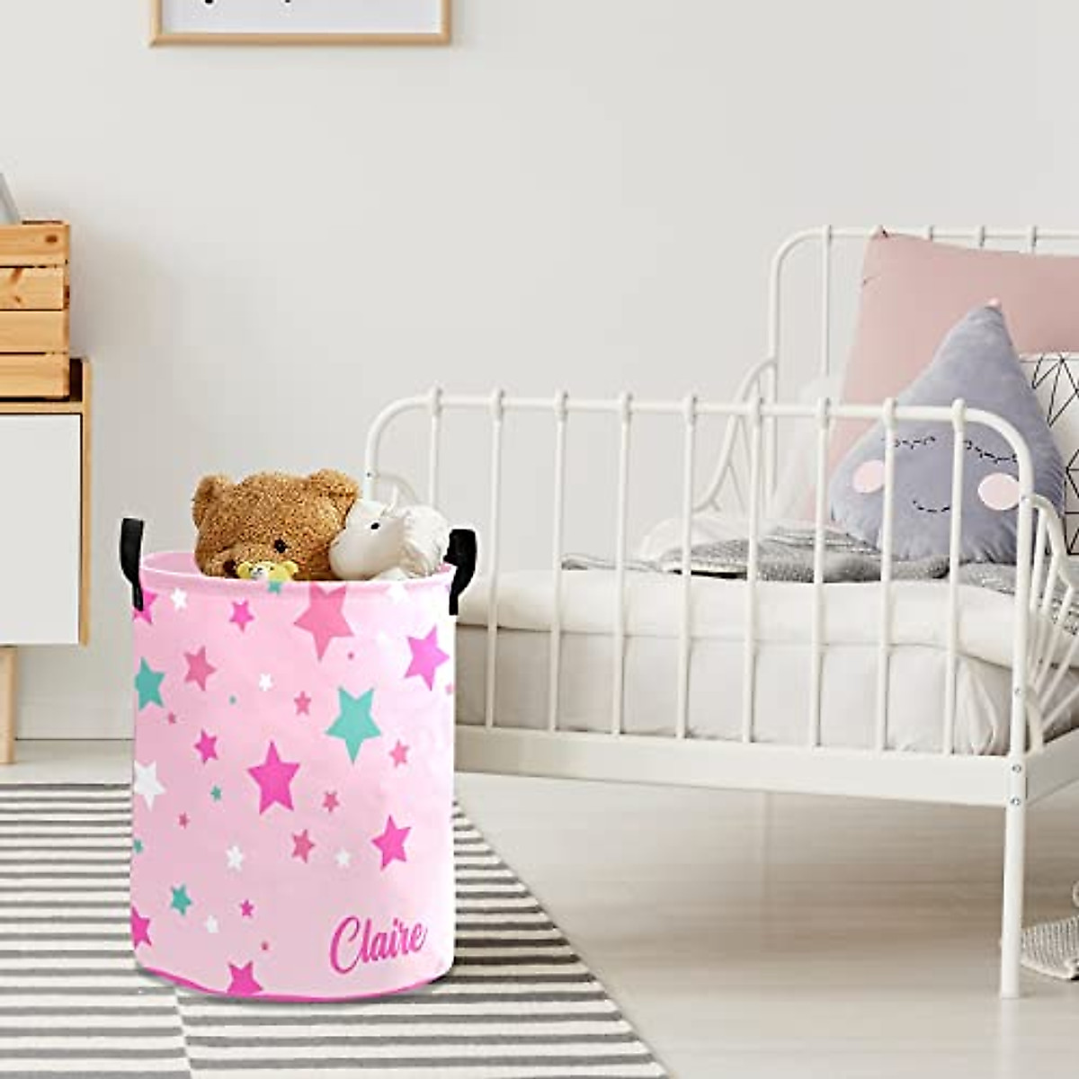 Personalized Laundry Basket Hamper,Star Pink Background,Collapsible Storage Baskets with Handles for Kids Room,Clothes, Nursery Decor