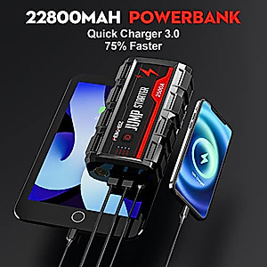 FEIKFEIZ Car Jump Starter, 2500A Peak 22800mAh 12V Car Battery Starter(Up to All Gas, 8.0L Diesel Engine), with USB Quick Charge 3.0,LED Light.