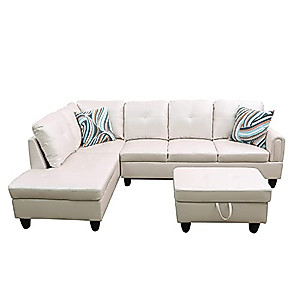 HOMVET Peaerl Faux Leather Sectional Sofa Furniture Set,L-Shape Couch with Left Chaise,Storage Ottoman,and 2 Pillows,for Living Room/Apartment/Office, Pearl White