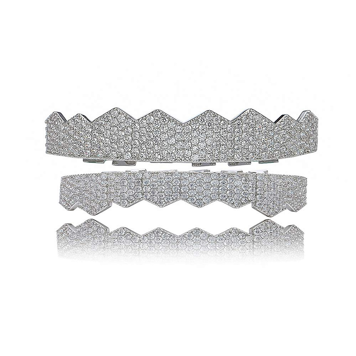 LKV Silver Grillz for Your Teeth 8 Top & 8 Bottom, Hip Hop Iced Out Diamond Grills for Men and Women, Rapper Costume Jewelry Mouth Teeth Grillz with Extra Molding Bars