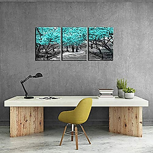 iKNOW FOTO 3 Pieces Canvas Wall Art for Bedroom Black White and Teal Cherry Blossom Trees Picture Giclee Prints Home Decor Modern Framed Artwork for Dining Room Kitchen Bathroom Office 12x16inchx3