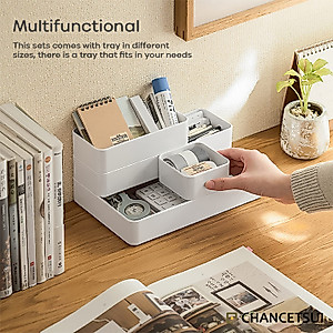 6 Pcs Stackable Drawer Organizer Set Desk Drawer Dividers, Bathroom Vanity Cosmetic Makeup Trays , Multipurpose Plastic Storage Bins for Jewelries, Kitchen Gadgets and Office Accessories, White