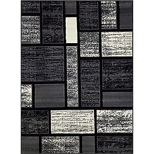 Modern Contemporary Blocks Boxes Design Soft Indoor Area Rug Grey Carpet (7’ 8” X 10’ 8”)