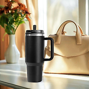 Klickpick Home 40 Ounce Stainless Steel Vaccum Insulated Thermal Tumbler With Handle Lid 2 straws, Reusable Travel Coffee Mug Cup Cupholder friendly, Keeps cold for 30 H, 100% Leakproof, Black