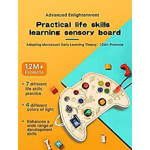 HOOLYUK Montessori Busy Board Toy for 1 2 3 Year Old Boy, Wooden Controller Sensory Toy for Autistic Children with LED Light Up Buttons, Early Learning Fidget Toy Great for Gift