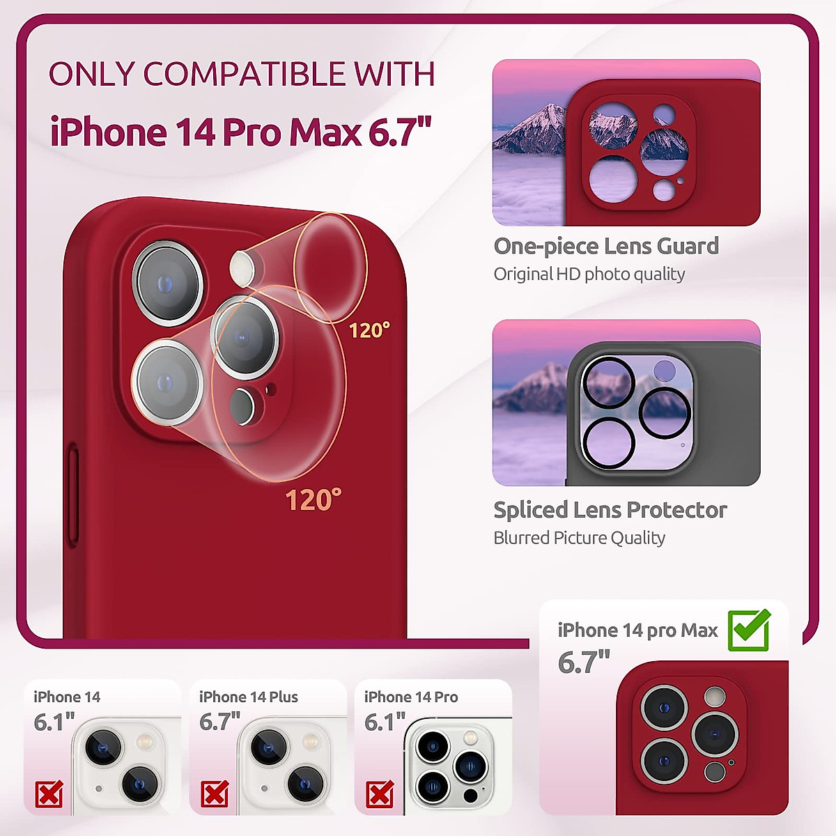 pcgaga Liquid Silicone Case for iPhone 14 Pro Max with Screen Protector [Camera Protection] [Microfiber Lining] Slim Shockproof Protective Phone Cover, 6.7 Inch, Red