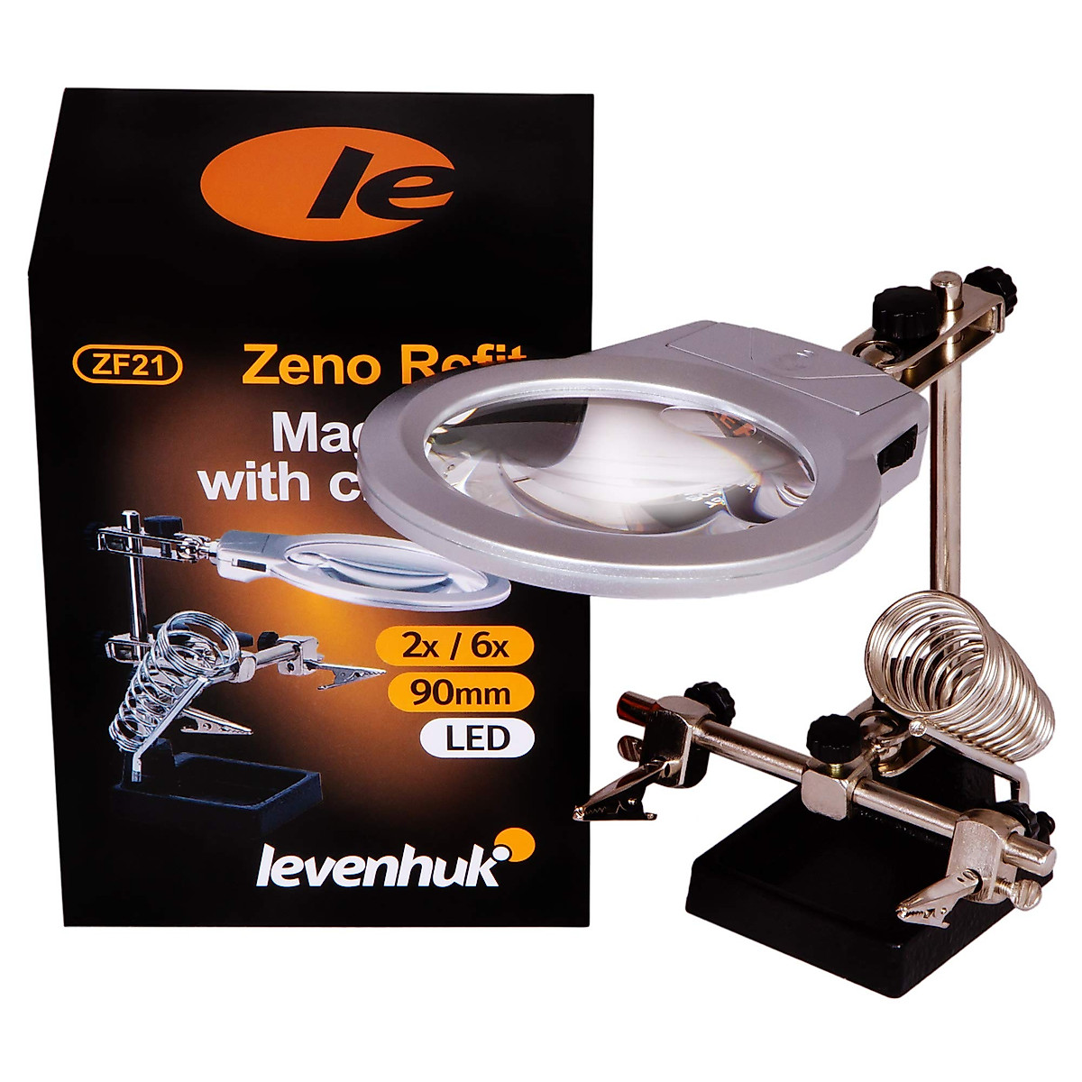Levenhuk Zeno Refit ZF21 2X / 6X Magnifier with Third Helping Hand, LED Light, Alligator Clips, Soldering Iron Holder and Accessory Tray